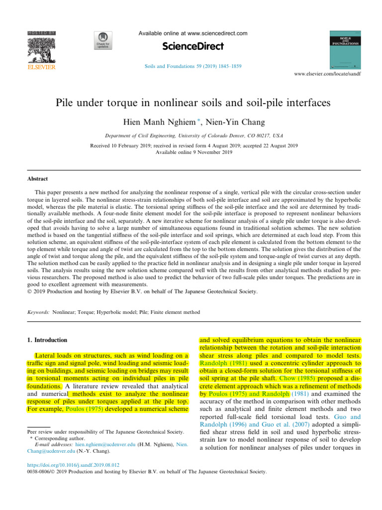 Pile Under Torque in Nonlinear Soils and Soil-Pile Interfaces | PDF ...