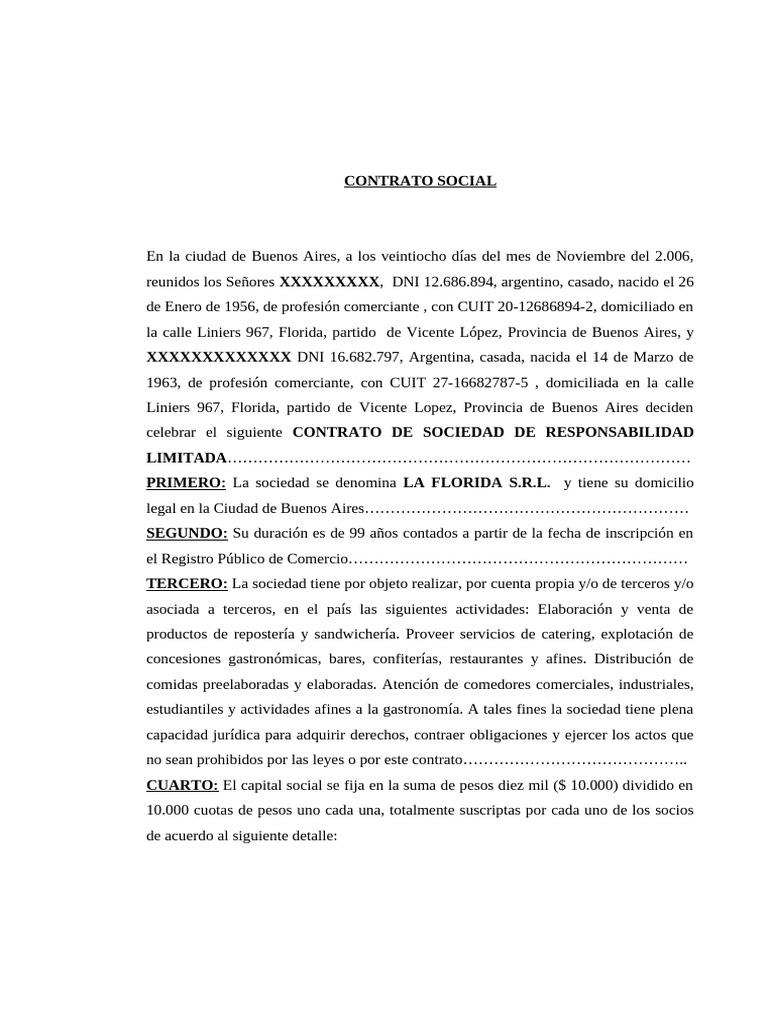 CONTRATO SOCIAL Modelo | PDF | Sociedad de responsabilidad limitada ...