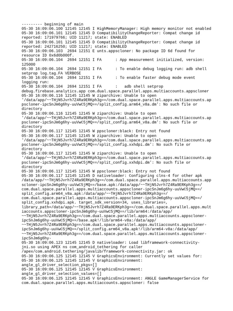 Com - Dual.space - Parallel.apps - Multiaccounts.appscloner Logcat | PDF | Android (Operating ...