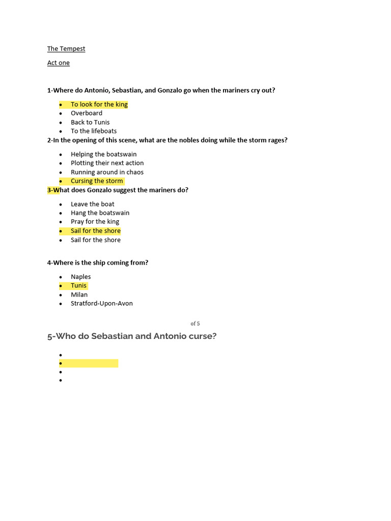 The Tempest Act One Questions | PDF
