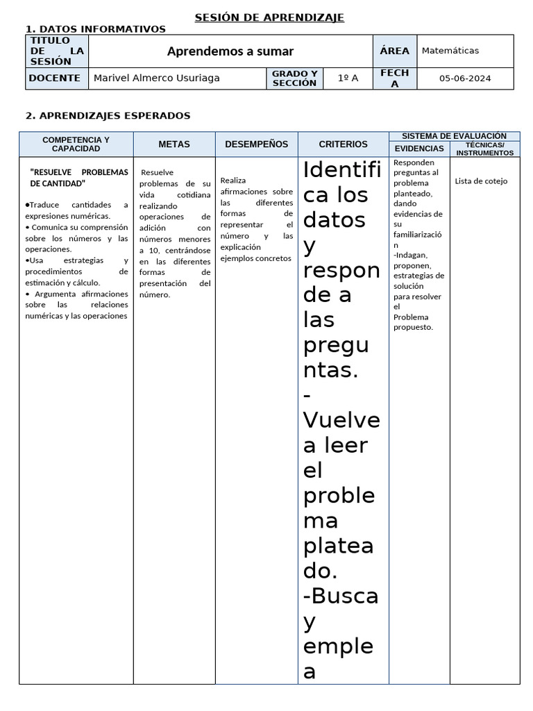SESIÓN DE APRENDIZAJE matematica 05 06 24 | PDF | Aprendizaje | Science