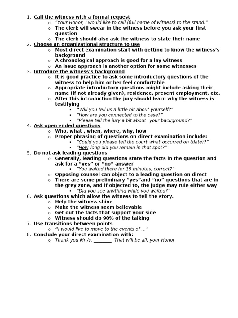 Direct Examination Guidelines for Trials | PDF