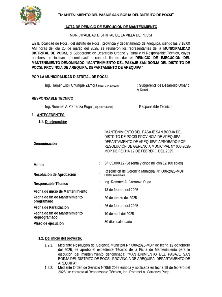 Acta de Reinicio de Mantenimiento - PSJ San Borja | PDF