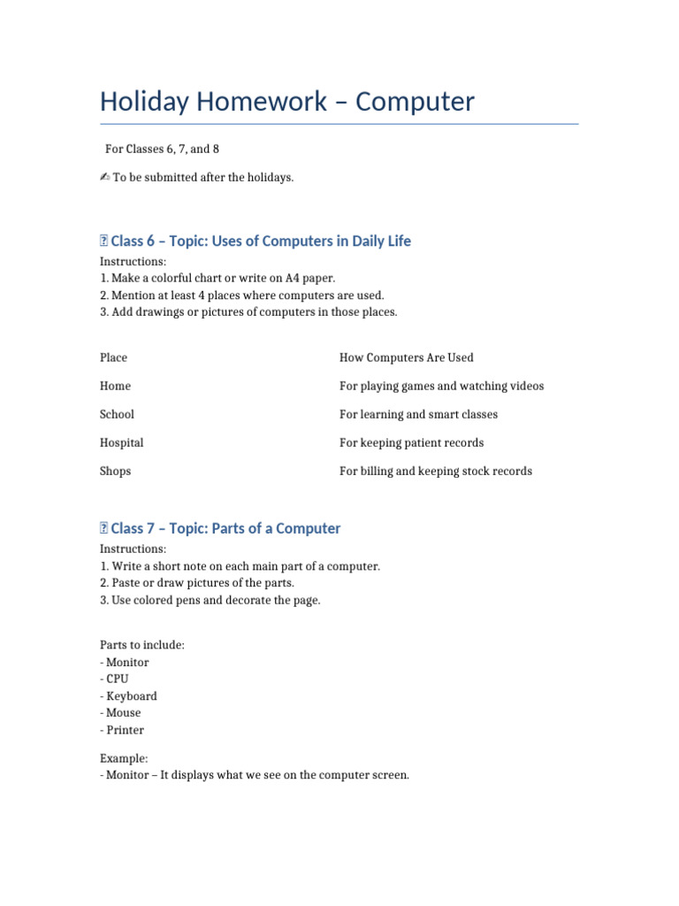 Holiday Computer Homework for Classes 6-8 | PDF
