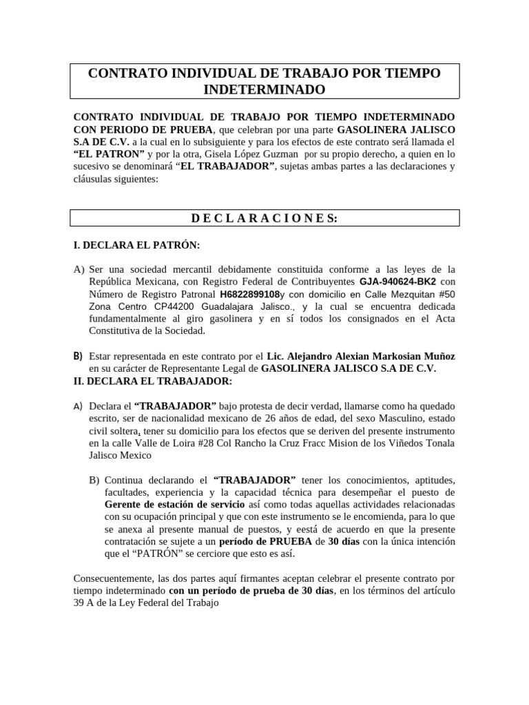 Contrato Individual de Trabajo Por Tiempo Indeterminado | PDF | Salario | Tiempo de trabajo