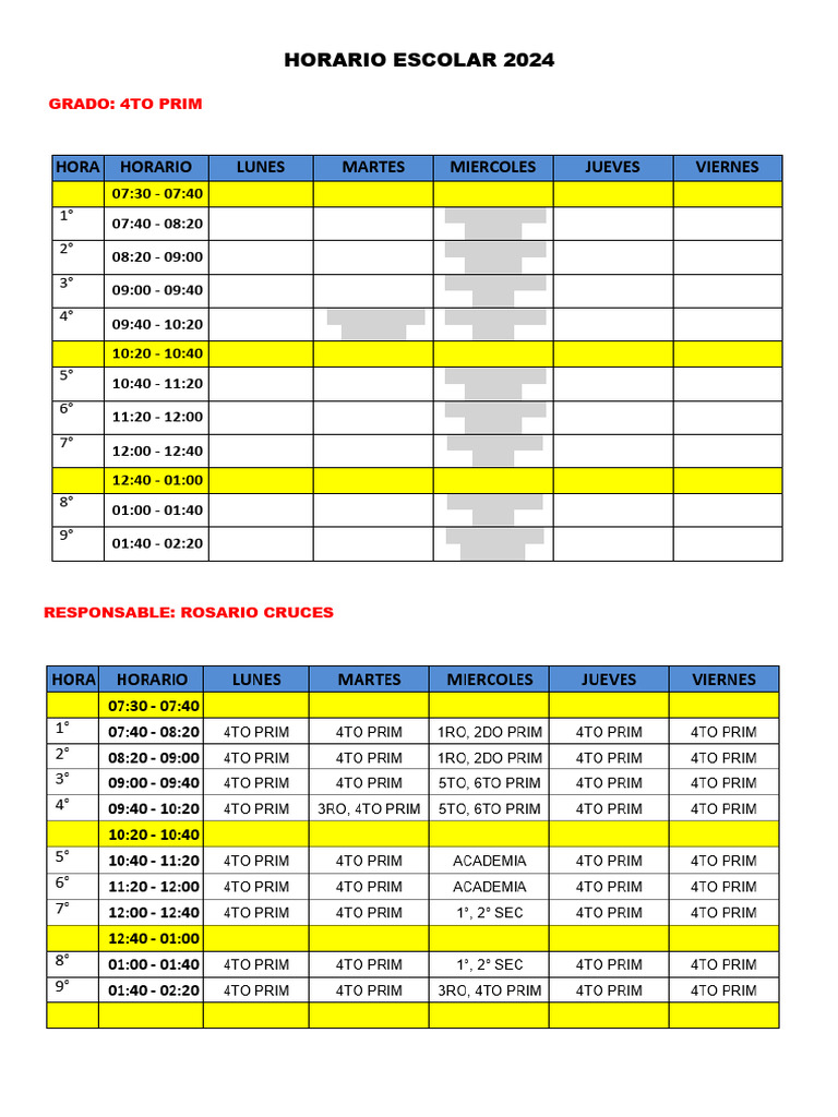 Horario Escolar 4to Primaria 2024 | PDF