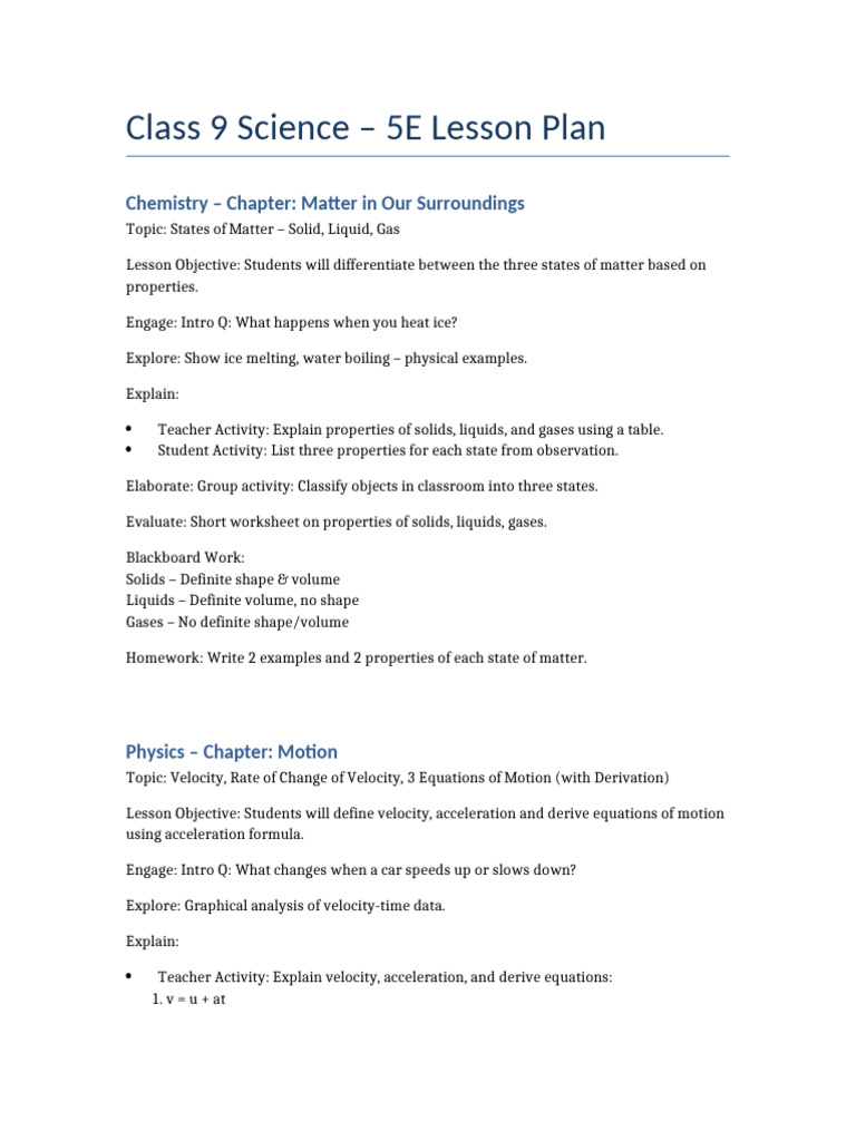 9th Grade Science Lesson Plan: Matter & Motion | PDF