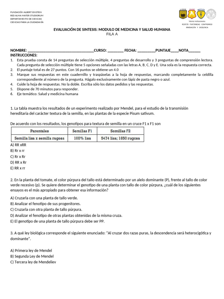 Prueba de Sintesis Medicina y Salud Humana Fila A | PDF | Dominancia ...