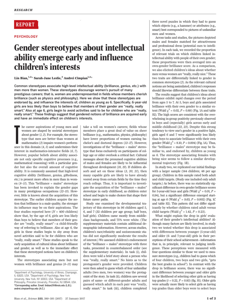 Early Gender Stereotypes in Intelligence | PDF | Stereotypes | Gender ...