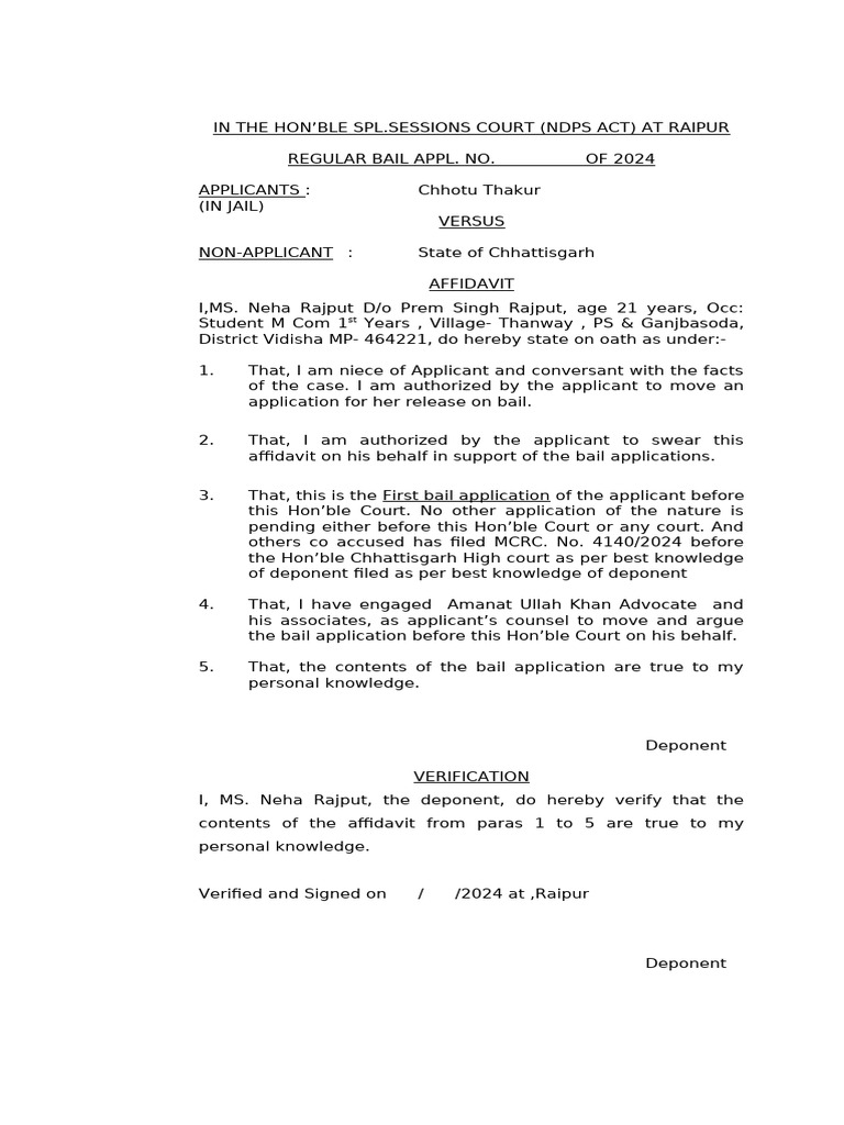 Session Chotu Thakur Affidavit in Bail (MCRC) | PDF