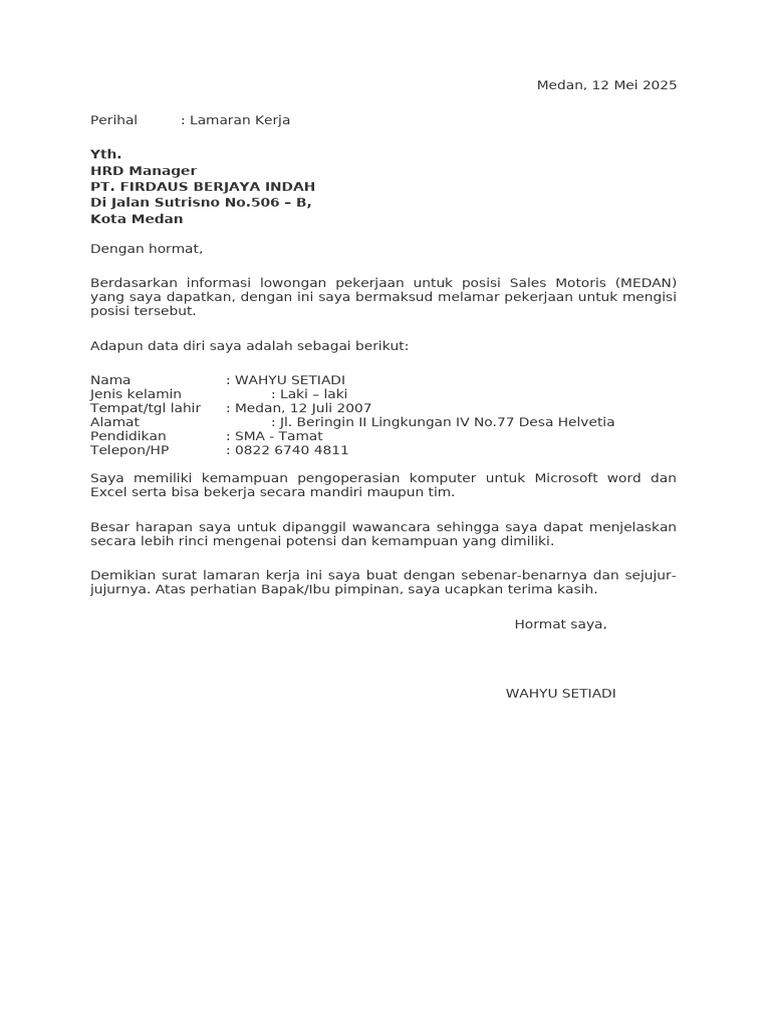 Surat Lamaran Wahyu Setiadi | PDF