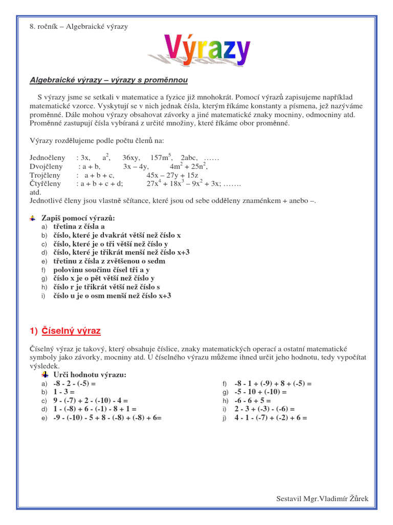 11 Algebraicke Vyrazy Teorie Resene Priklady S Vysledky | PDF