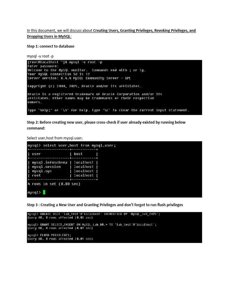 MySQL - User Creation, Grant and Revoke Privileges | PDF