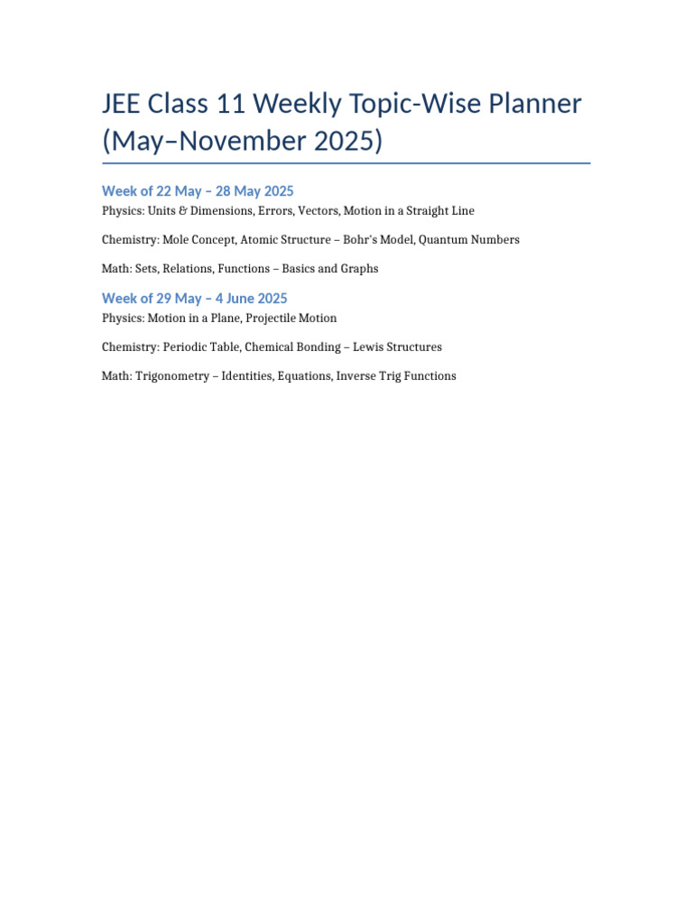 JEE Class11 Weekly Planner May Nov 2025 | PDF