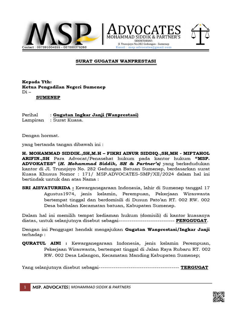 Surat Gugatan Wanprestasi | PDF