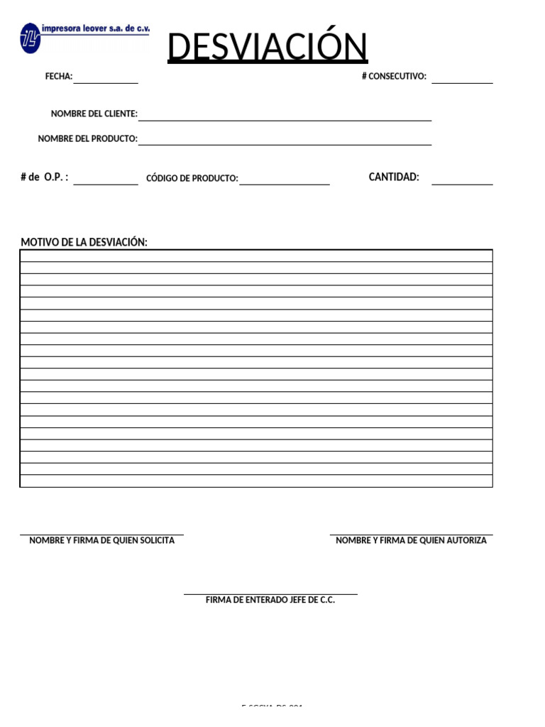 F-SGCYA-DS-001 FORMATO DE DESVIACIÓN | PDF