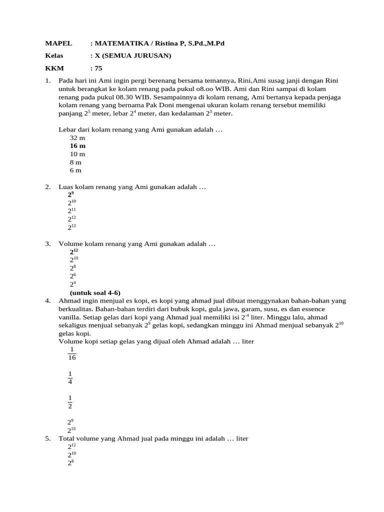 Latihan PTS Matematika KLS X | PDF