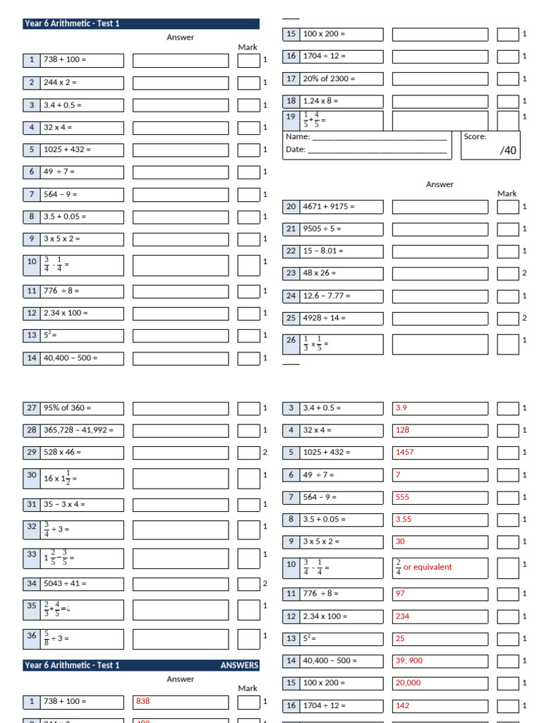 Year 6 Arithmetic Test 1 | PDF