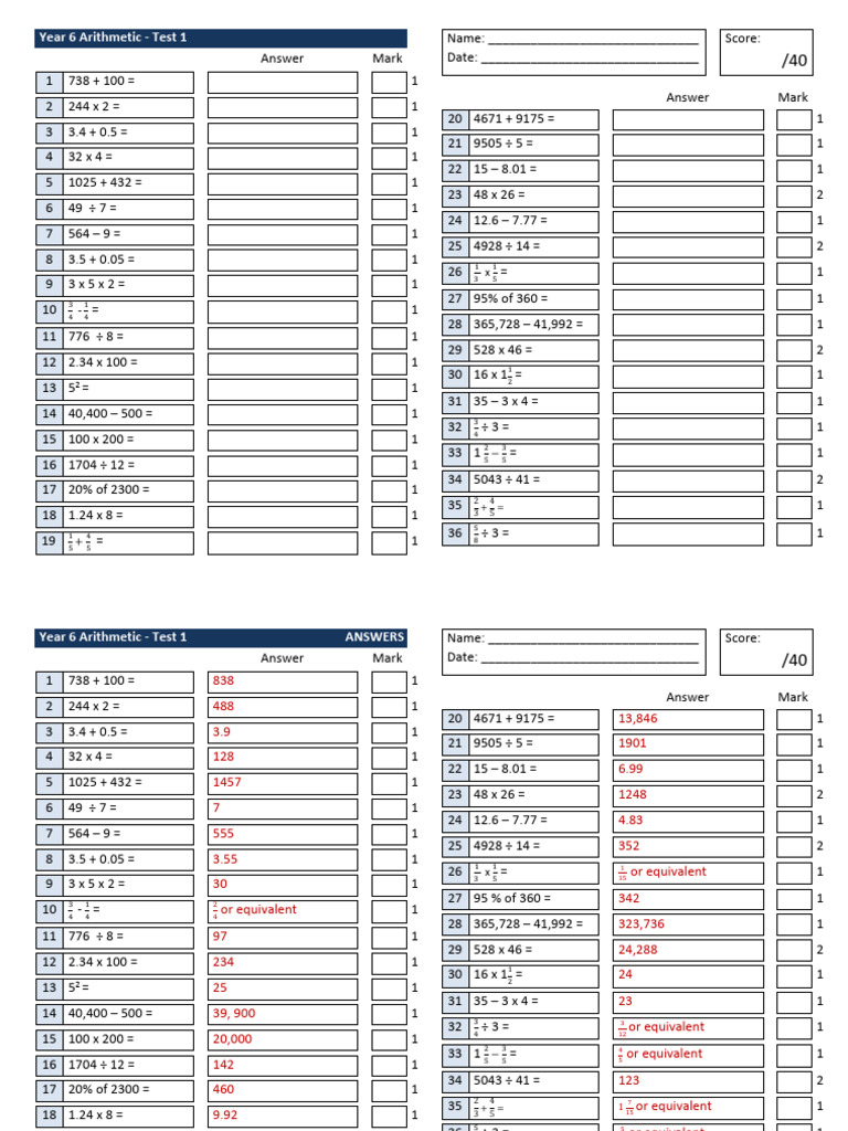 Year 6 Arithmetic Test 1 | PDF