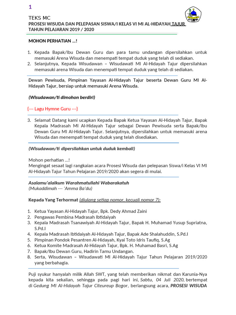 Teks MC Wisuda Mi 1920 | PDF