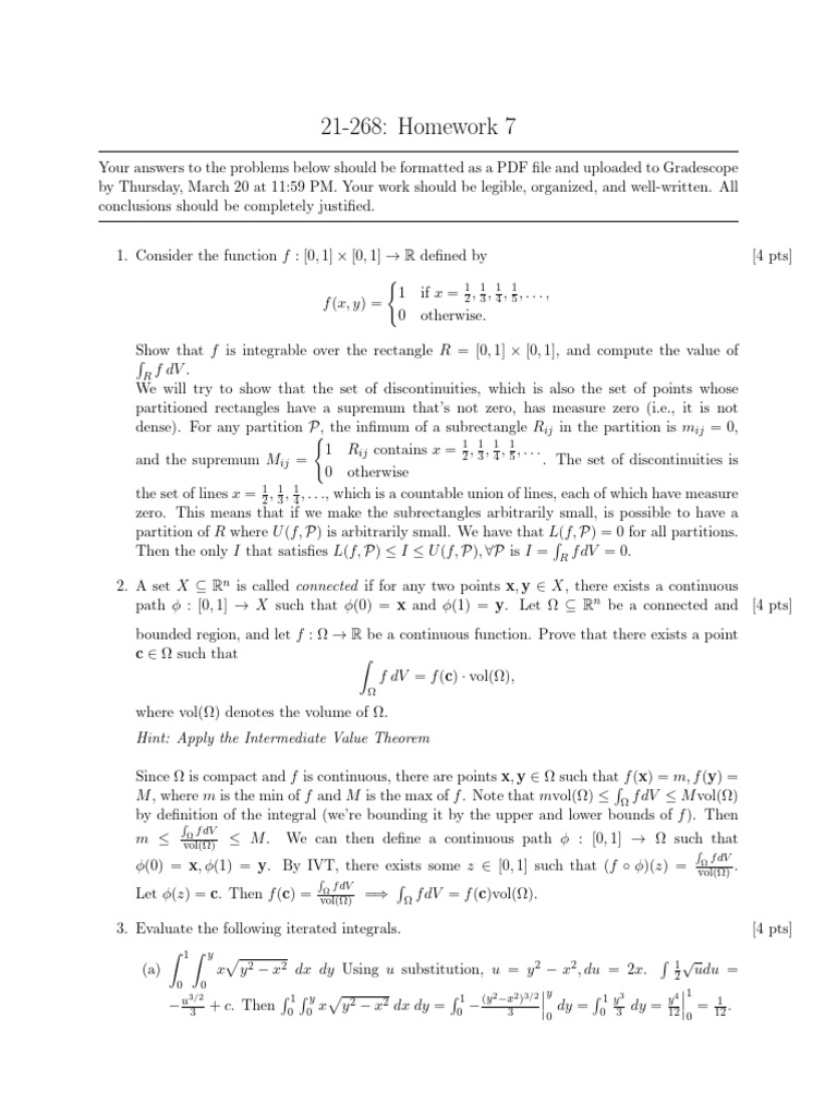 Homework 7: Integrals and Theorems | PDF | Integral | Mathematical Concepts
