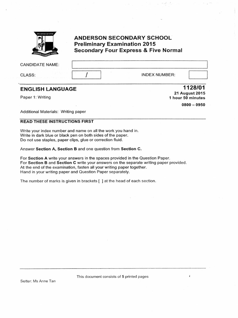 2015 Sec 4 Express English SA2 Anderson Secondary School | PDF