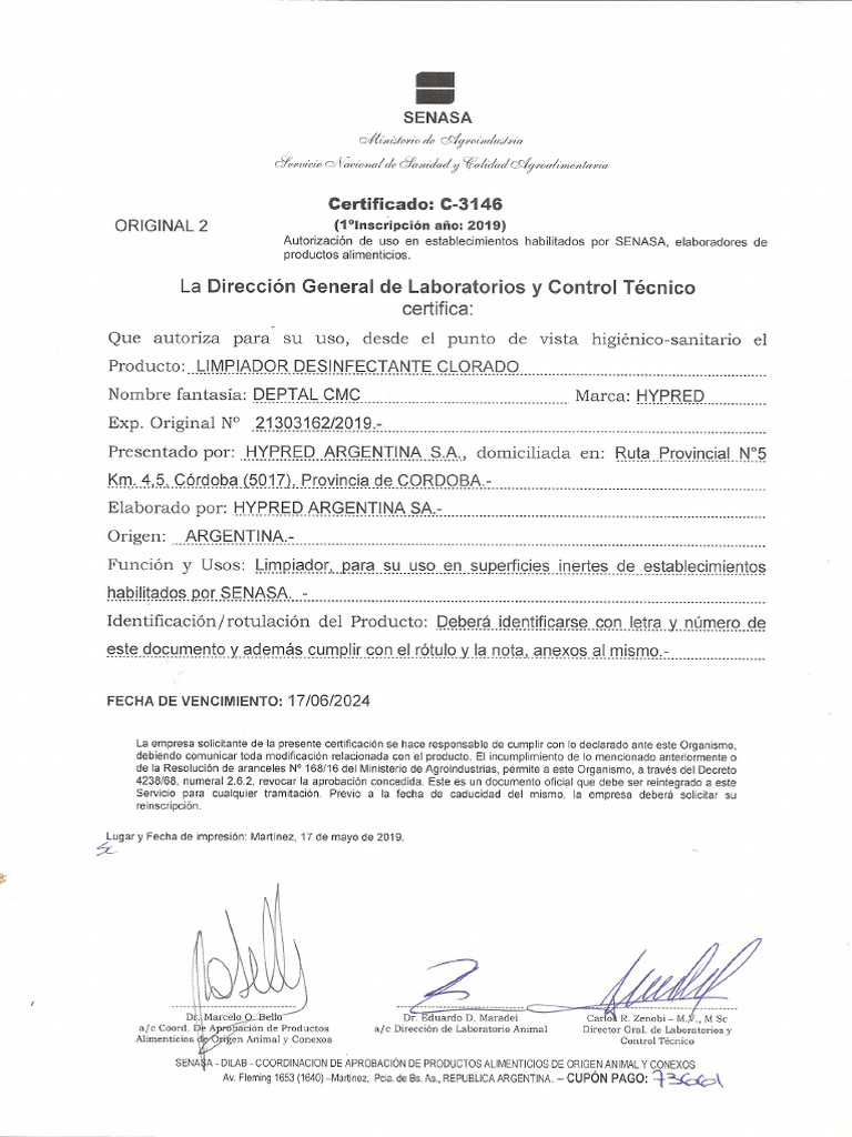 Certificado SENASA Deptal CMC | PDF