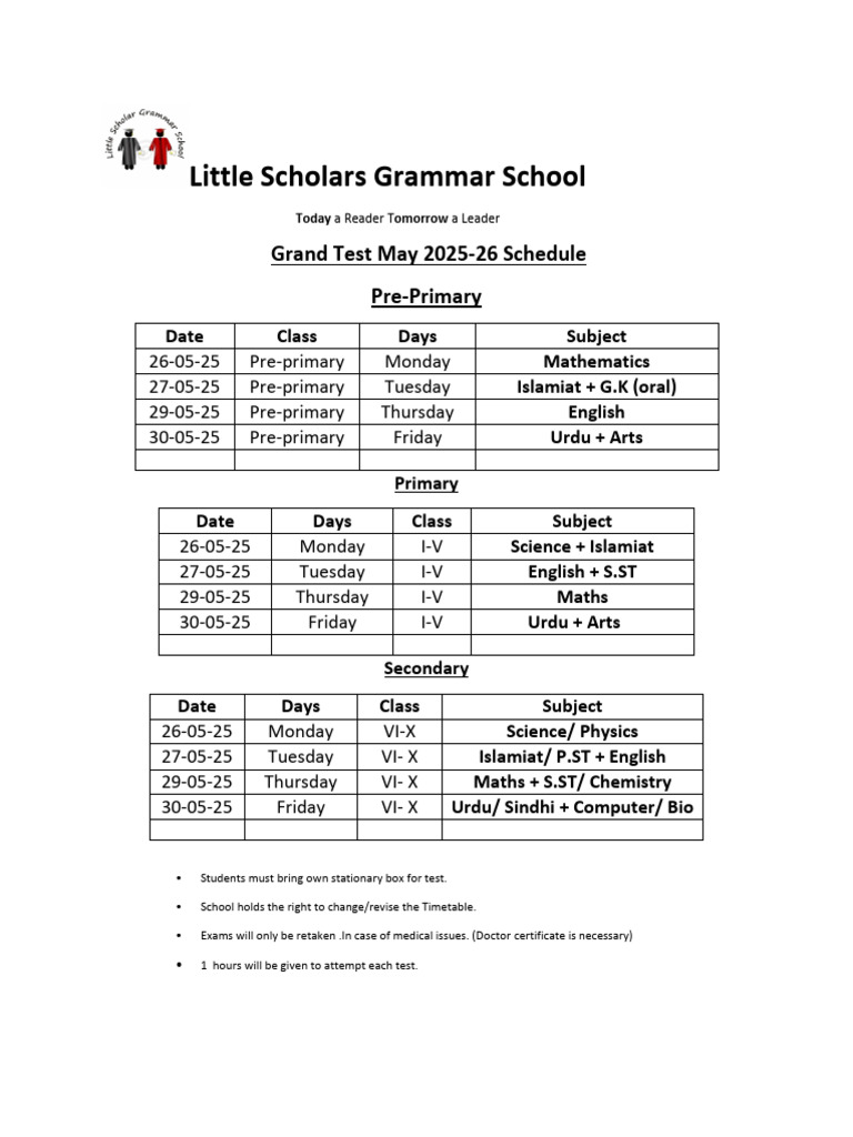 Grand Test Schedule May 2025-26 | PDF