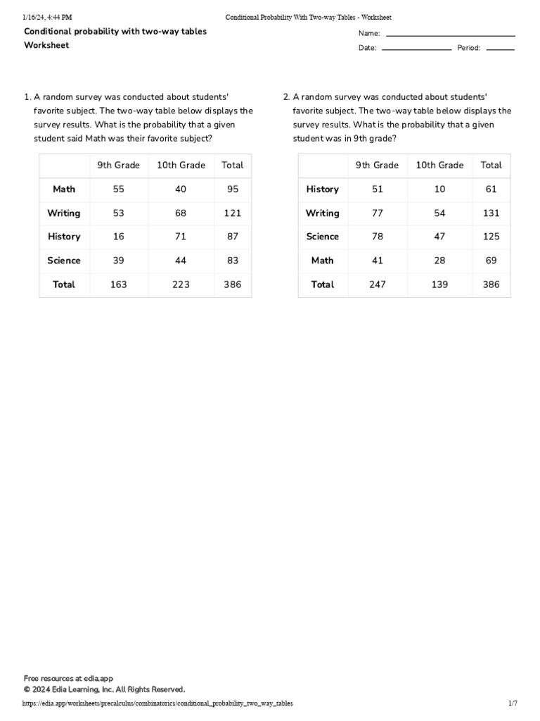 Conditional Probability With Two-Way Tables - Worksheet | PDF ...
