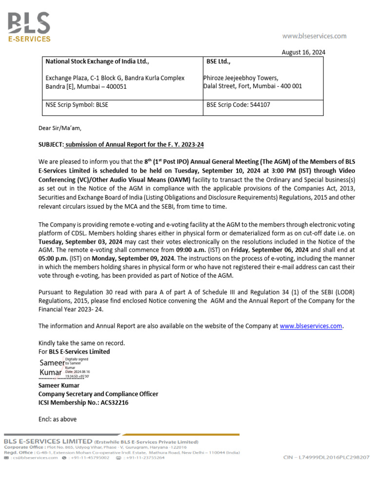 BLS E-Services Annual Report 2023-24 | PDF | Financial Inclusion | Banks
