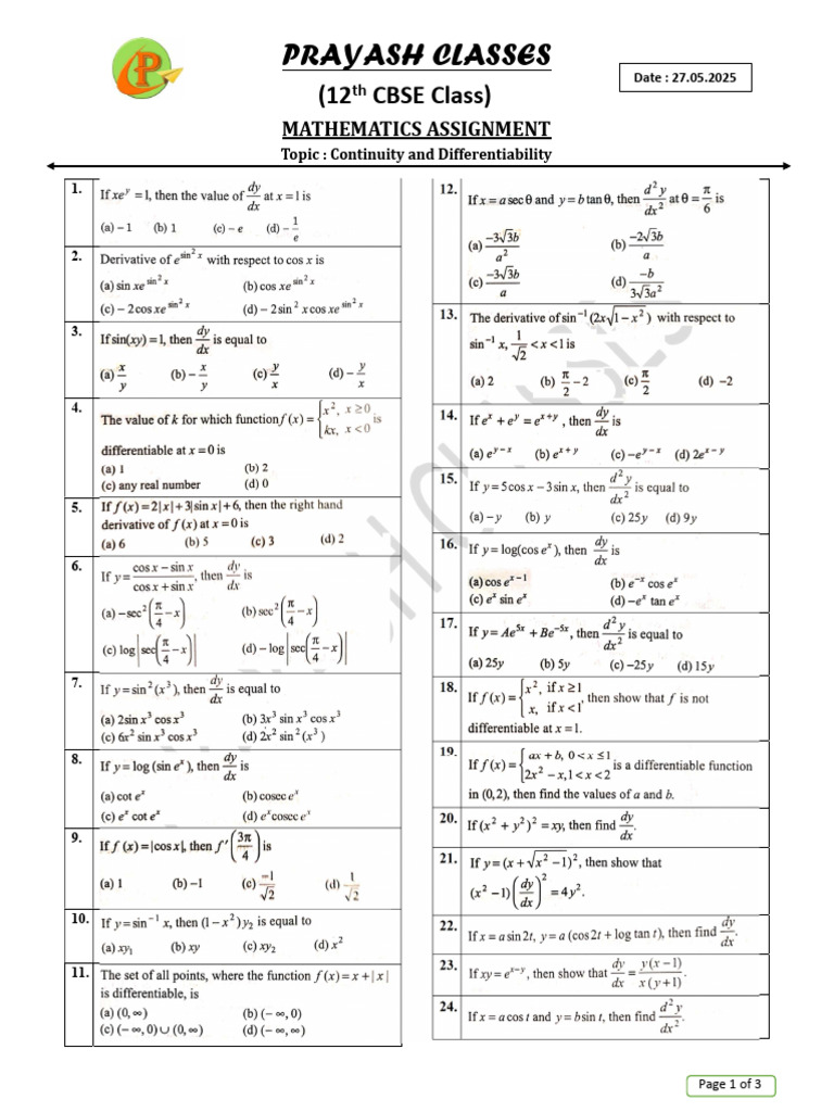 Math Assignment-Continuity & Differentiability-27.05.2025 | PDF