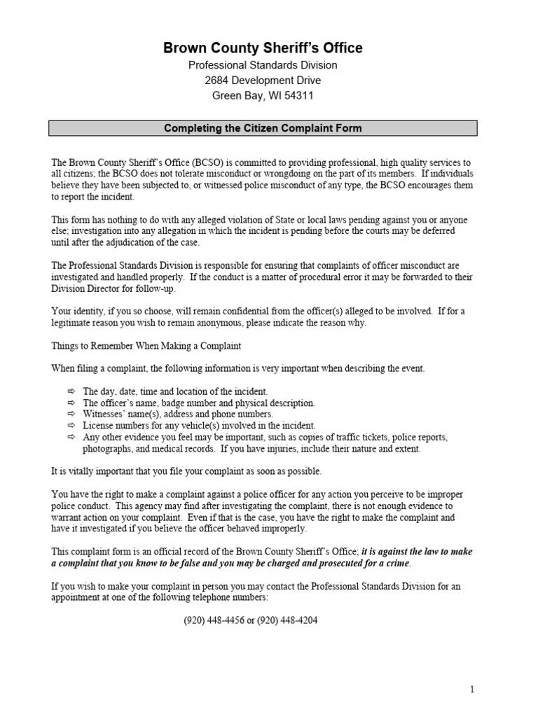 Brown County Sheriff's Department | PDF | Complaint | Police