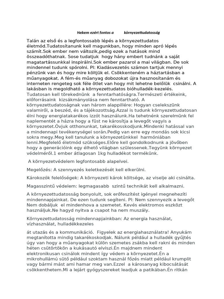 Nekem Ezért Fontos A Környezettudatossag | PDF