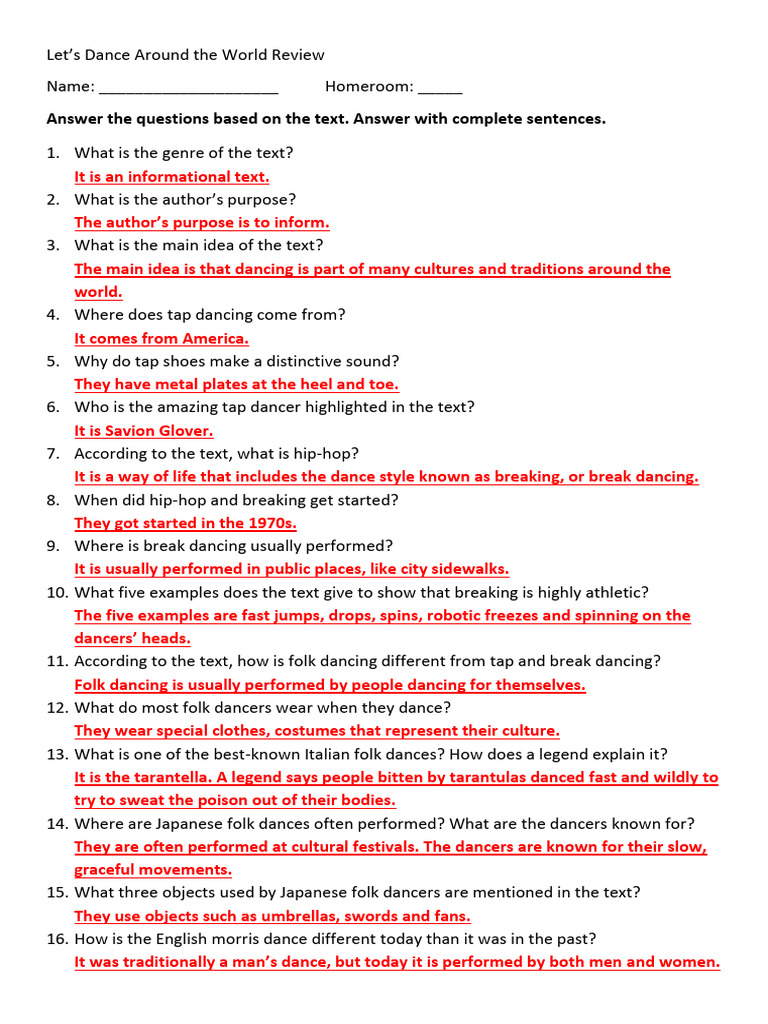 LDATW Reading Comprehension KEY | PDF | Dances | Performing Arts