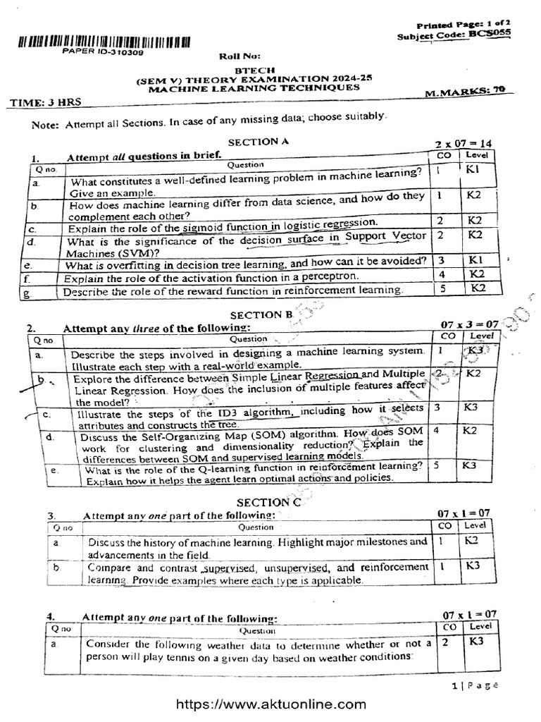 Btech Cs 5 Sem Machine Learning Techniques Bcs055 Jan 2025 | PDF