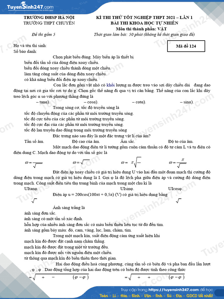 2.TS247 DT de Thi Thu Tot Nghiep THPT Mon Vat Li Chuyen Su Pham HN Lan ...