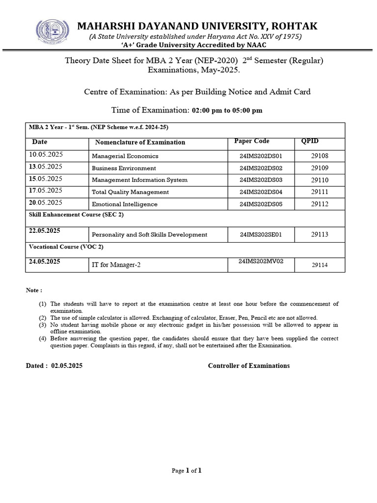 MBA 2nd Sem Exam Schedule May 2025 | PDF