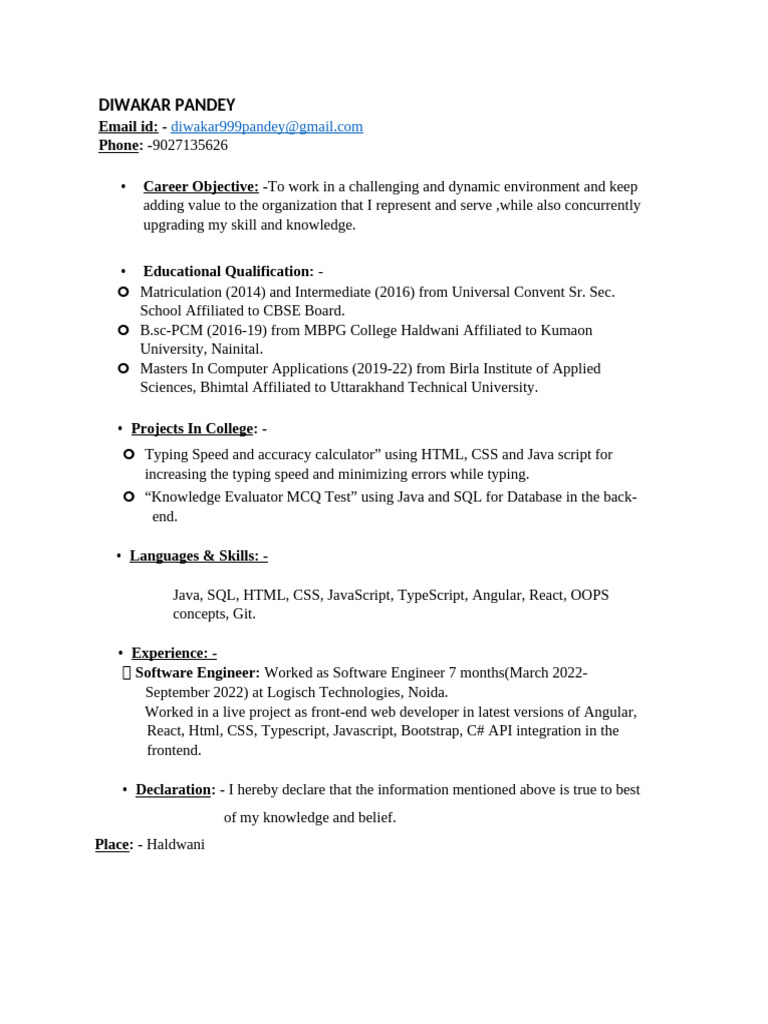 Diwakar Pandey: Email Id: - Phone: - Career Objective | PDF
