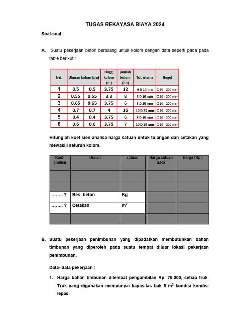 Tugas Rekayasa Biaya 2024 | PDF