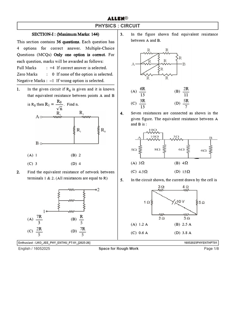 16052025PHYENTHPT01-JEE_ENTHUSE_PHYSICS | PDF | Electricity ...