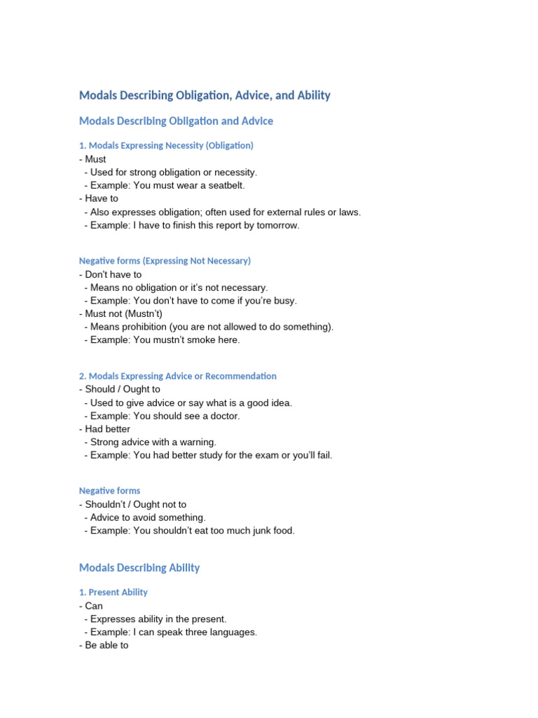 Modals for Obligation, Advice, Ability | PDF | Modal Logic | Grammar