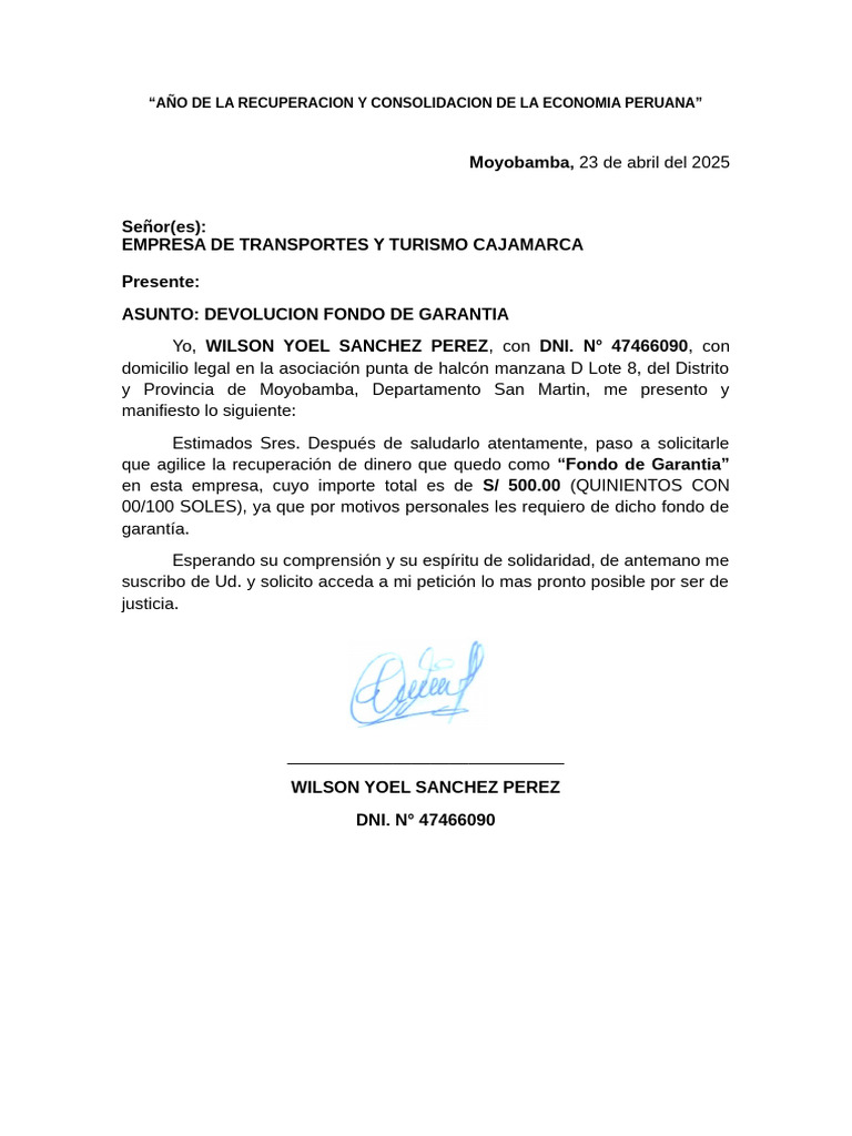 Solicito Devolucion de Fondo | PDF