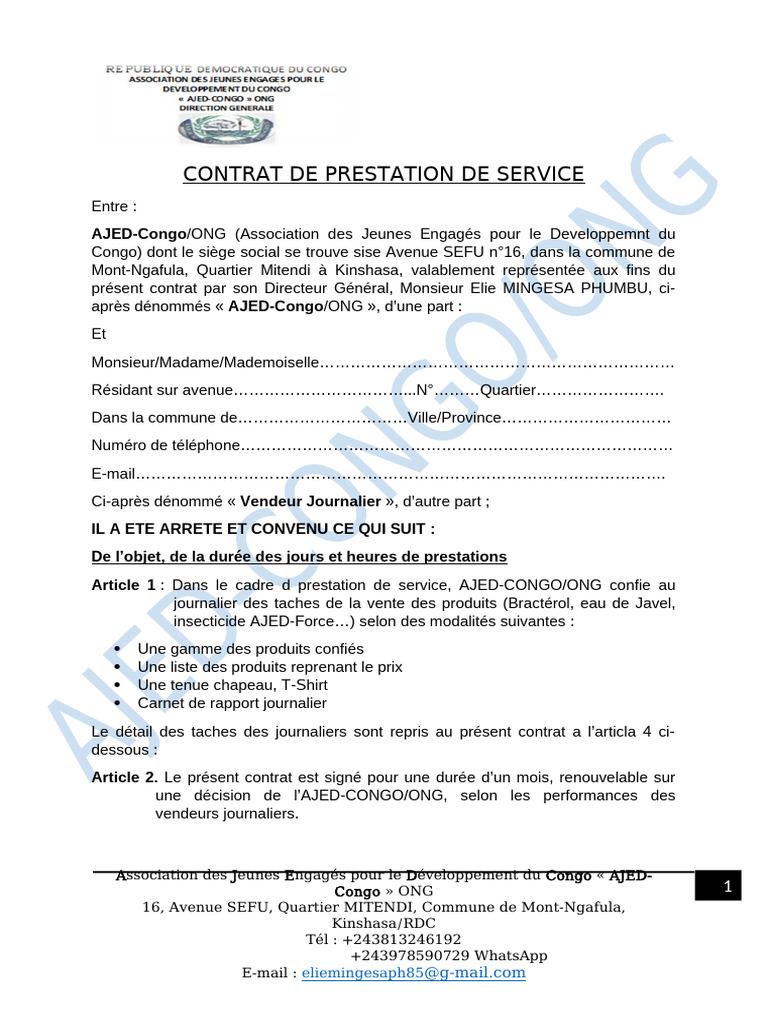 Contrat de Prestation de Service AJED-Congo | PDF | République ...