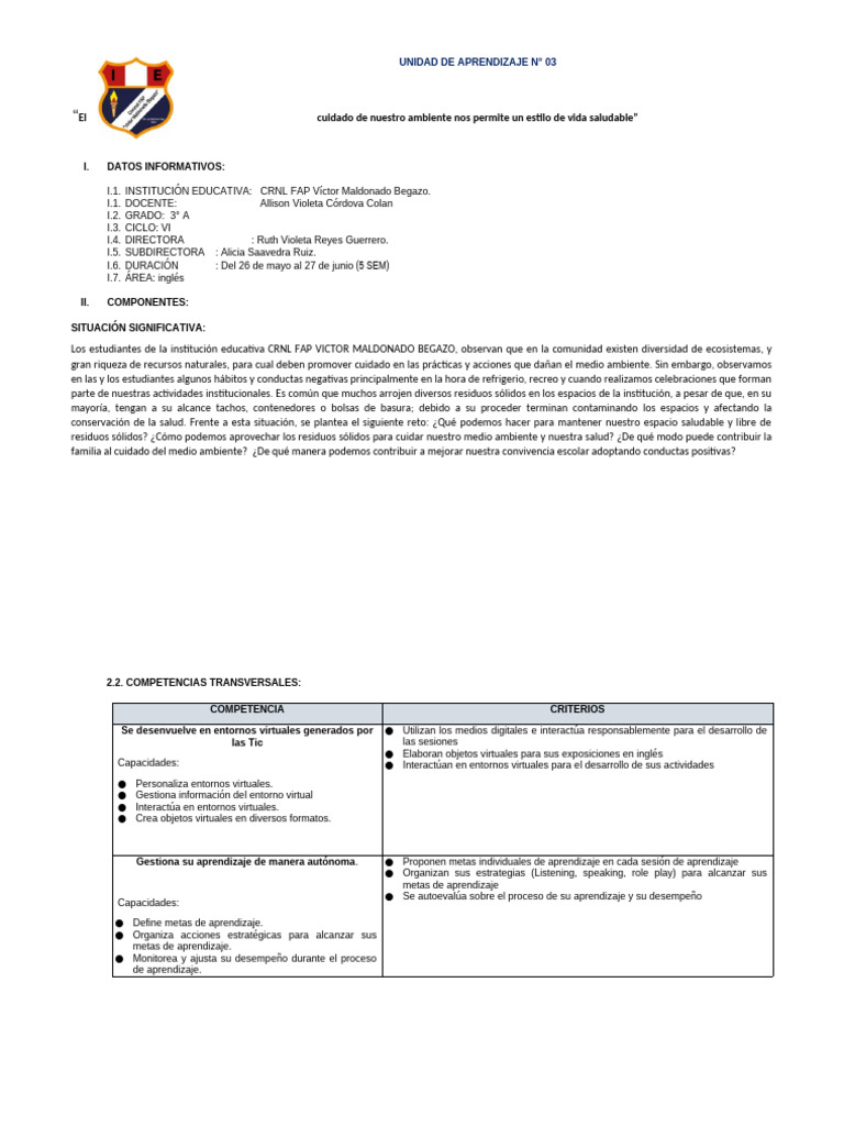 UNIDAD DE APRENDIZAJE 3 3ero INGLES 2025 | PDF | Enseñando | Aprendizaje