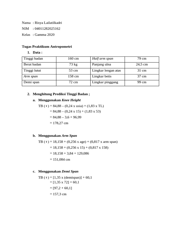 Tugas Praktikum Antropometri - Risya Lailatilkadri | PDF