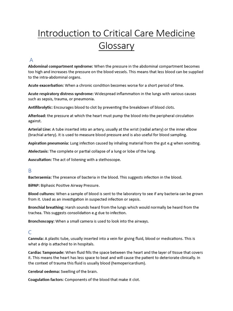Introduction_to_Critical_Care_Glossary | PDF | Lung | Respiratory Tract