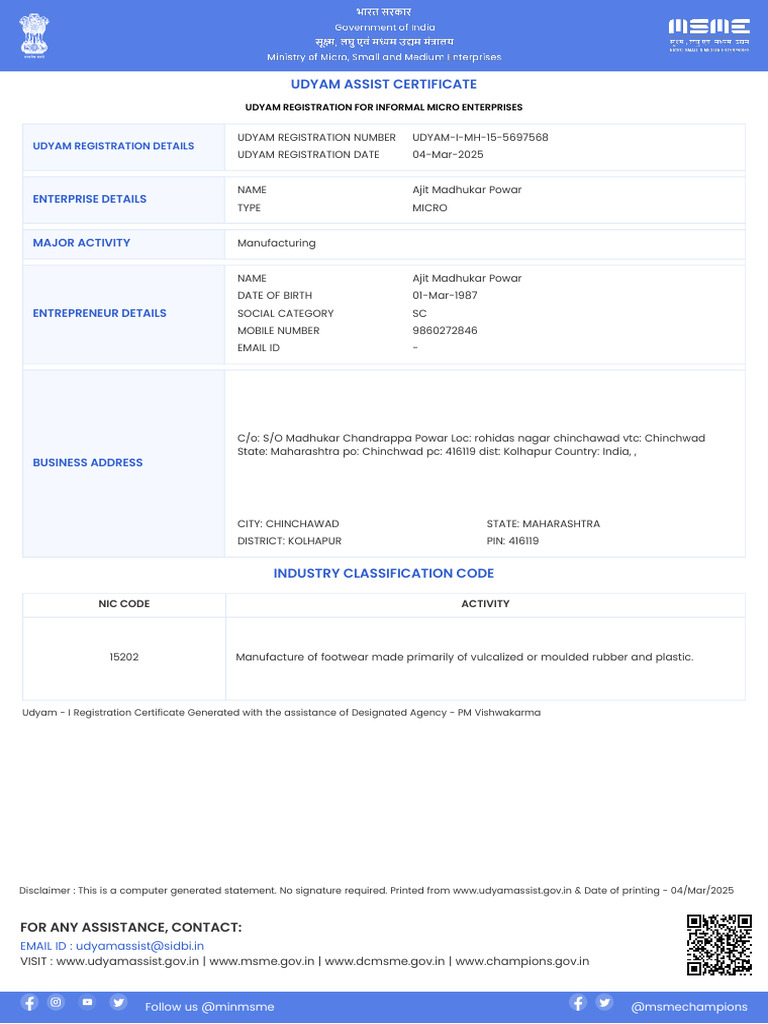 Udyam Assist Certificate: Enterprise Details Major Activity | PDF