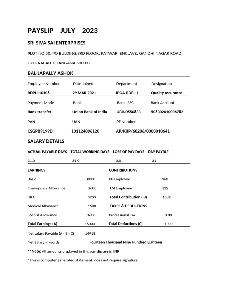 Payslip July 2023 Ashok | PDF
