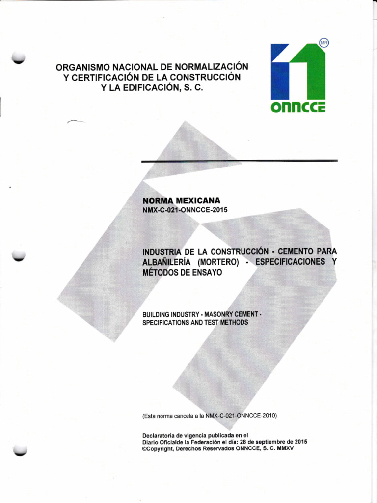 NMX C 021 Onncce 2015 | PDF | Materiales de construcción | Sector secundario de la economía