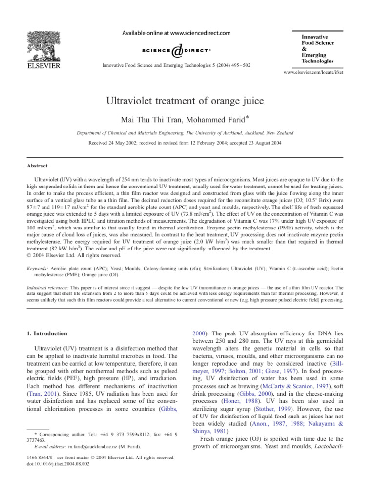 UVtreatmentof Orangejuice | PDF | Ultraviolet | Orange Juice